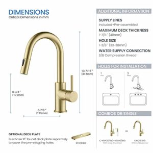 KIBI Single Handle Pull Down Faucet for Kitchen Sink | Solid Brass High Arc Faucet Spout | Kitchen Faucet with Pull Down Sprayer (Brushed Gold) (KKF2011)