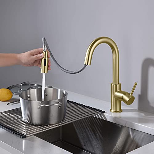 KIBI Single Handle Pull Down Faucet for Kitchen Sink | Solid Brass High Arc Faucet Spout | Kitchen Faucet with Pull Down Sprayer (Brushed Gold) (KKF2011)