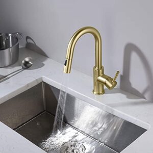 KIBI Single Handle Pull Down Faucet for Kitchen Sink | Solid Brass High Arc Faucet Spout | Kitchen Faucet with Pull Down Sprayer (Brushed Gold) (KKF2011)