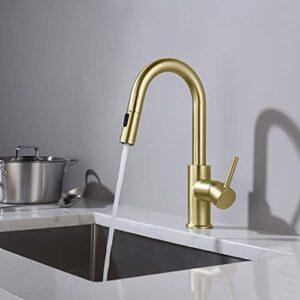 KIBI Single Handle Pull Down Faucet for Kitchen Sink | Solid Brass High Arc Faucet Spout | Kitchen Faucet with Pull Down Sprayer (Brushed Gold) (KKF2011)