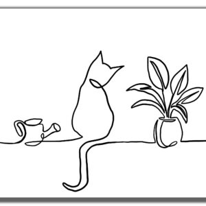 Minimalist Cat Wall Art - 14x11" UNFRAMED Print - Cat Line Drawing Wall Art With Plants - Black And White Wall Decor - Cat Lover Gifts