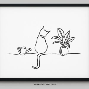 Minimalist Cat Wall Art - 14x11" UNFRAMED Print - Cat Line Drawing Wall Art With Plants - Black And White Wall Decor - Cat Lover Gifts