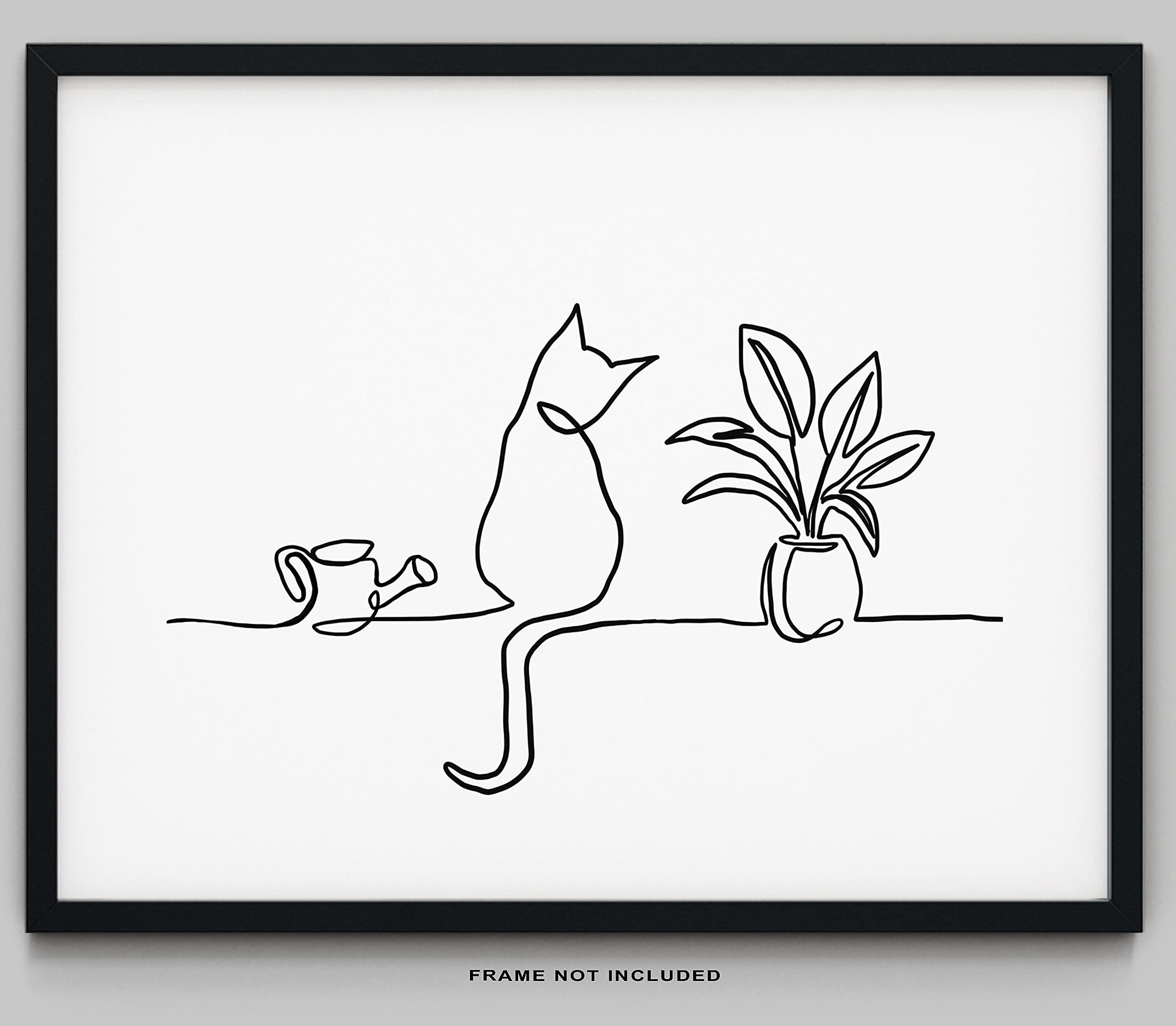 Minimalist Cat Wall Art - 14x11" UNFRAMED Print - Cat Line Drawing Wall Art With Plants - Black And White Wall Decor - Cat Lover Gifts