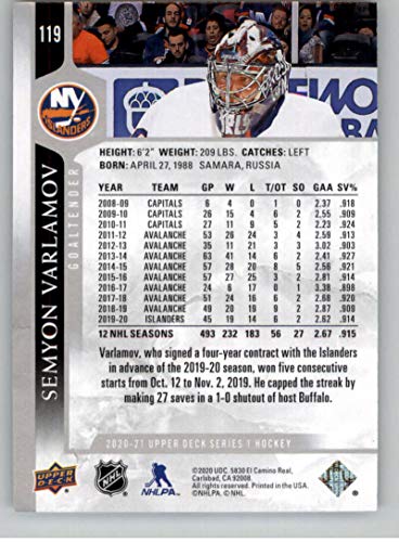 2020-21 Upper Deck #119 Semyon Varlamov New York Islanders NHL Hockey Trading Card