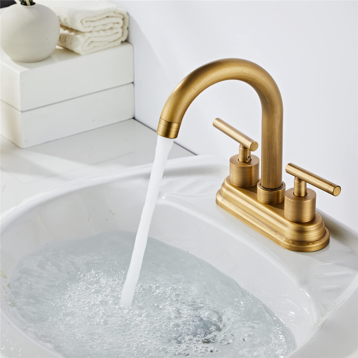 HIHIA Antique Brass Bathroom Faucet 2 Handle Centerset, with Copper Pop Up Drain Without Overflow and Two Water Supply Lines, 4 Inch Bath Lavatory Vanity Faucets Set for Bathroom Sinks