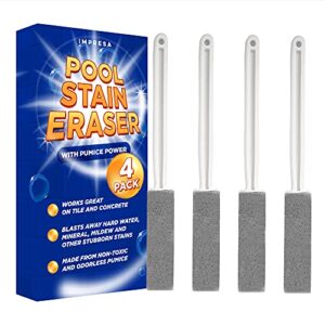 [4 pack] pool pumice stone for cleaning tiles and hard water stains - pool stain eraser with handle for easy use - pumice stone for pool tile cleaning - pool tile cleaner for calcium build up