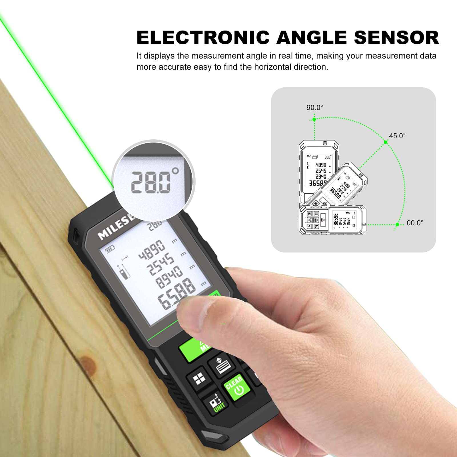 Mileseey S8GA Laser Measure Green Beam 230 ft, Laser Tape Measure with Angle Sensor IP65, Pythagorean, Distance, Area, Volume Measuring, ±1/16in Accuracy, Laser Measurement Tool