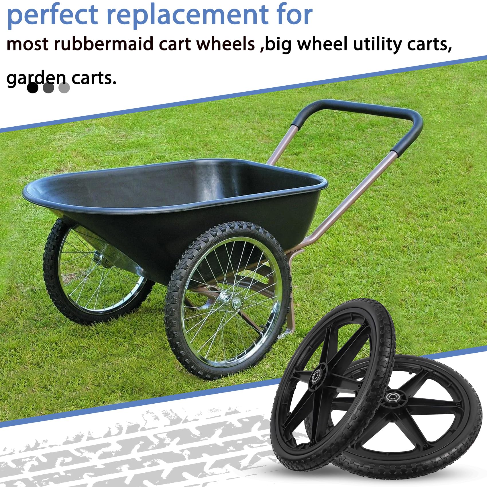 20x1.95" Flat Free Wheels Compatible with rubbermaid Wheelbarrow Wheels, 20" Flat Free Tires with 5/8" Bearing & 3/4" Bearing Replacement for rubbermaid Cart Wheels/Big Wheel Utility Carts-2PCS