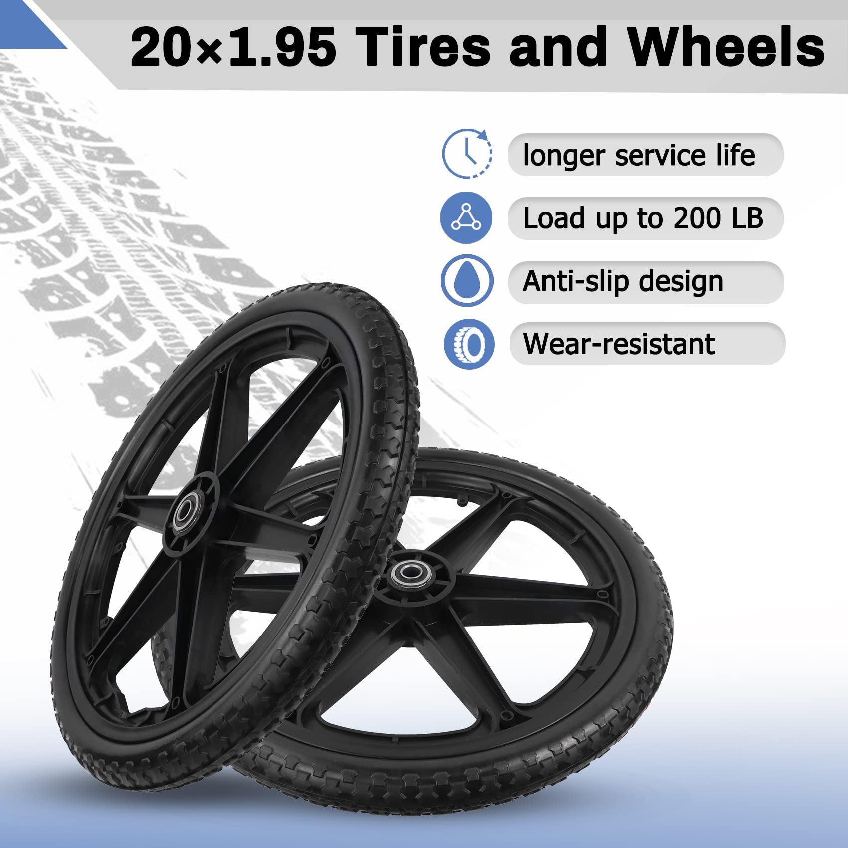 20x1.95" Flat Free Wheels Compatible with rubbermaid Wheelbarrow Wheels, 20" Flat Free Tires with 5/8" Bearing & 3/4" Bearing Replacement for rubbermaid Cart Wheels/Big Wheel Utility Carts-2PCS