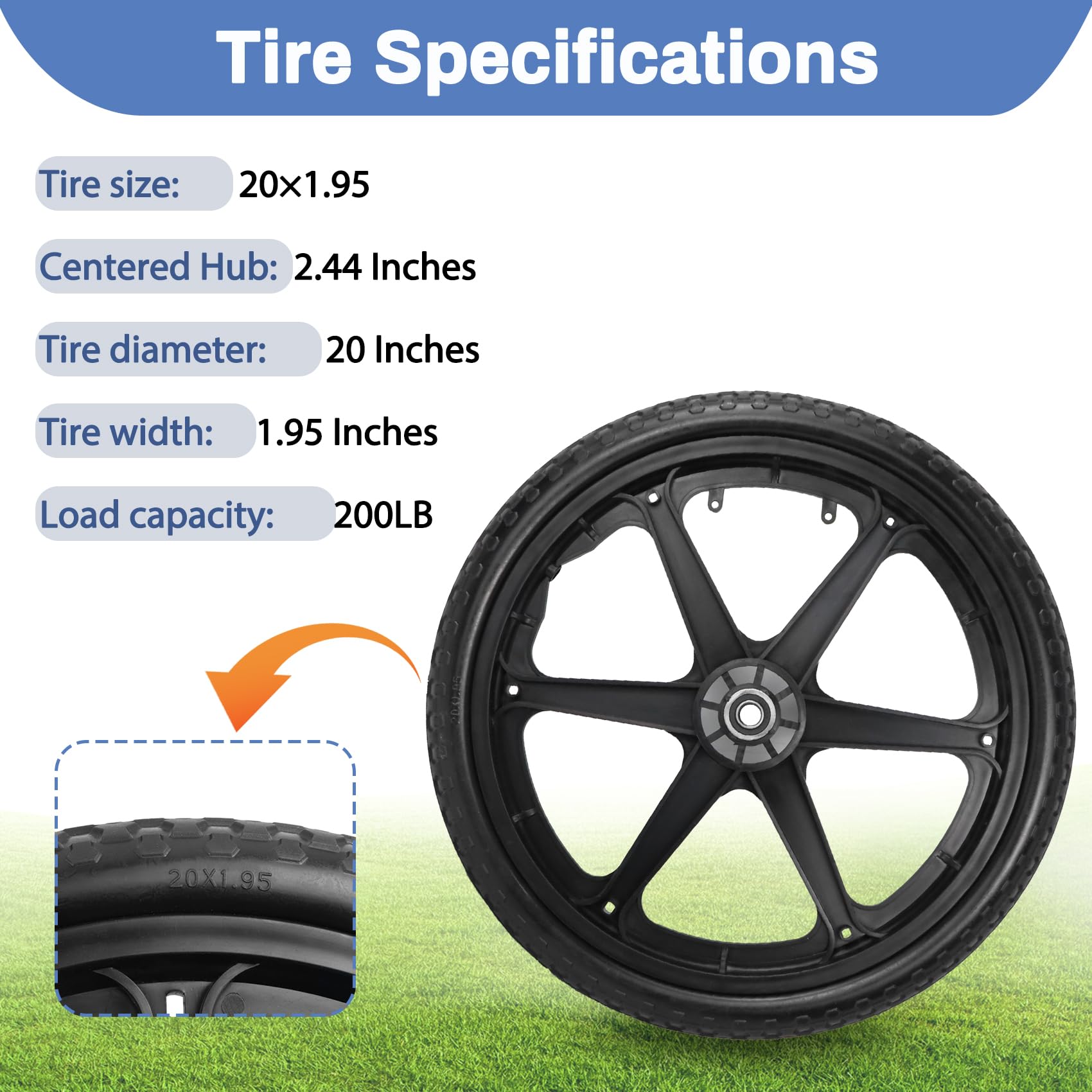 20x1.95" Flat Free Wheels Compatible with rubbermaid Wheelbarrow Wheels, 20" Flat Free Tires with 5/8" Bearing & 3/4" Bearing Replacement for rubbermaid Cart Wheels/Big Wheel Utility Carts-2PCS