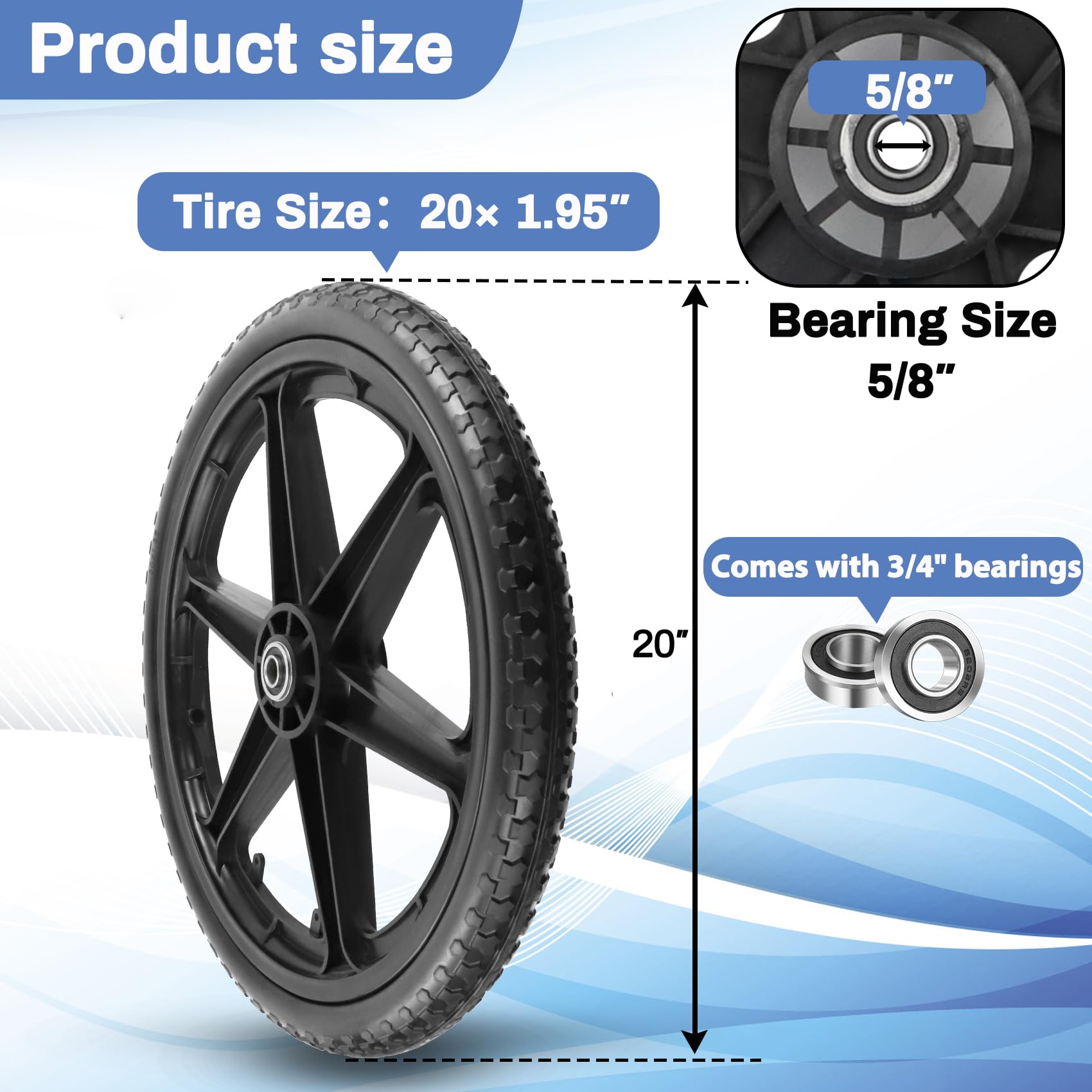 20x1.95" Flat Free Wheels Compatible with rubbermaid Wheelbarrow Wheels, 20" Flat Free Tires with 5/8" Bearing & 3/4" Bearing Replacement for rubbermaid Cart Wheels/Big Wheel Utility Carts-2PCS