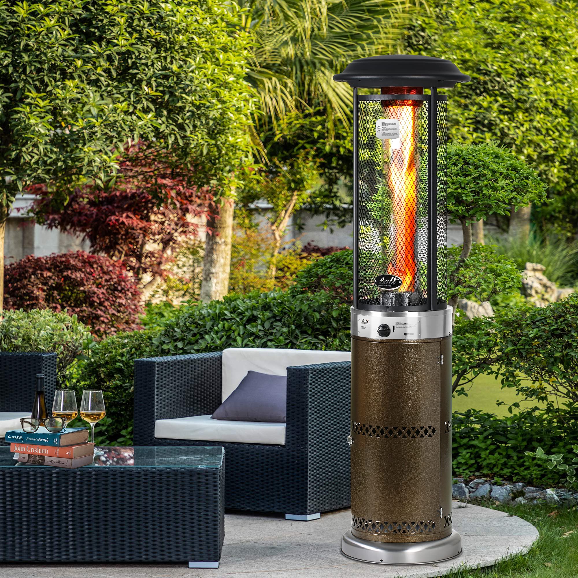 BALI OUTDOORS Patio Heater Floor-Standing Propane Commercial Patio Heater Outdoor 36,000 BTUs Gas Cylinder Heater Glass Tube Wheels Stainless Steel Base Round Reflector Shield Bronze