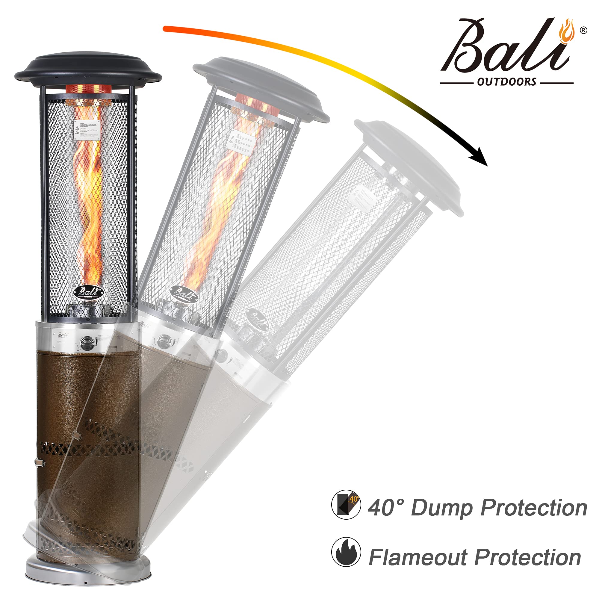 BALI OUTDOORS Patio Heater Floor-Standing Propane Commercial Patio Heater Outdoor 36,000 BTUs Gas Cylinder Heater Glass Tube Wheels Stainless Steel Base Round Reflector Shield Bronze