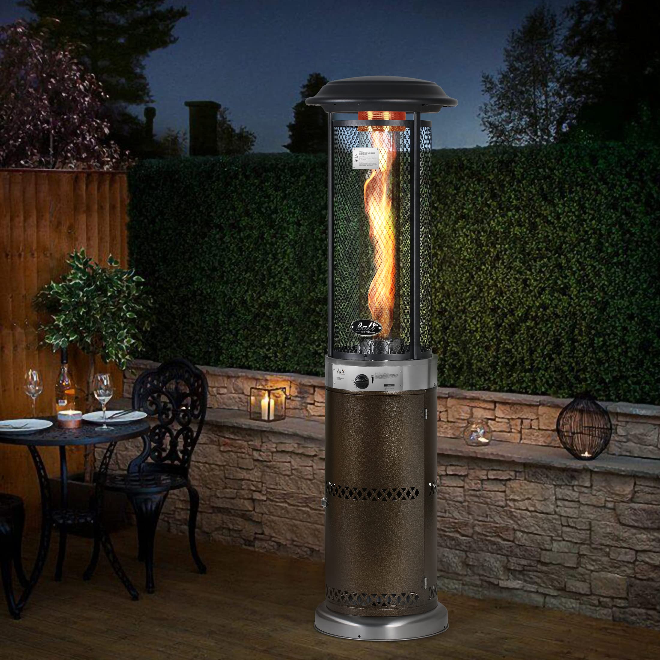 BALI OUTDOORS Patio Heater Floor-Standing Propane Commercial Patio Heater Outdoor 36,000 BTUs Gas Cylinder Heater Glass Tube Wheels Stainless Steel Base Round Reflector Shield Bronze