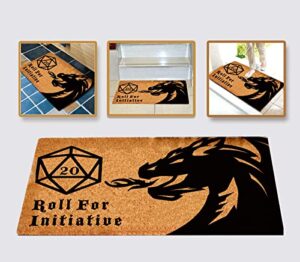 roll for initiative welcome mat brown coir funny doormat printed with dragon and d20 roleplaying tabletop rpg gaming non-slip backing door mat, 30"x18"