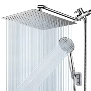 shower head, nerdon 12'' high pressure rainfall shower head handheld combo 5 settings with 15'' brass height/angle adjustable extension arm 60" hose, stainless steel bath rain showerhead with 4 hooks