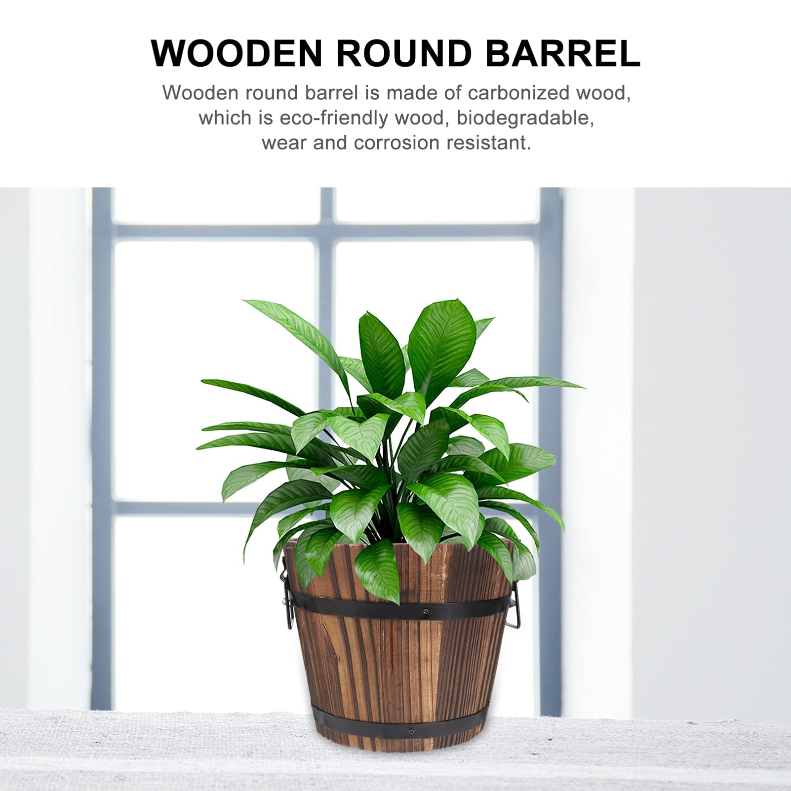 DOITOOL Rustic Wooden Bucket Barrel Planter Rustic Whiskey Bucket Flower Plant Pots Boxes Container for Patio Garden Backyard 7.08”x5.9“x 5.1"