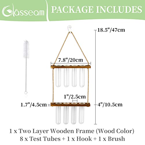 Hanging Plant Propagation Stations Tubes, Glasseam Wall Glass Planter Terrarium with Wooden Stand Propogation Station Vases Test Tubes for Plants Propagate Hydroponics Air Flower, 2 Tier