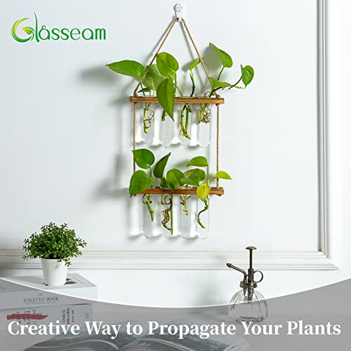 Hanging Plant Propagation Stations Tubes, Glasseam Wall Glass Planter Terrarium with Wooden Stand Propogation Station Vases Test Tubes for Plants Propagate Hydroponics Air Flower, 2 Tier