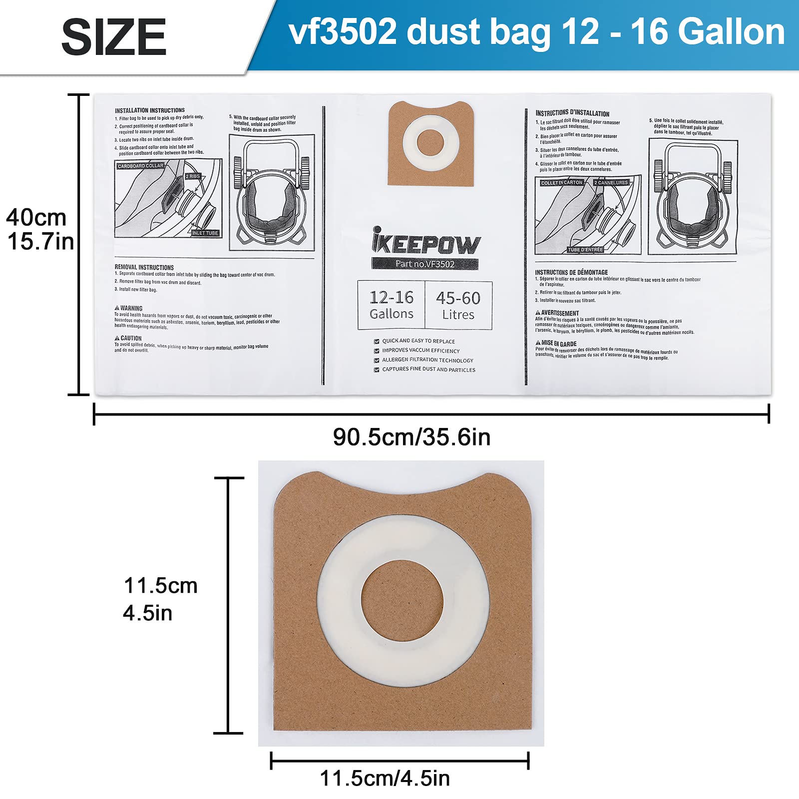 iKEEPOW VF3502 Shop Vac Bags Compatible with Ridgid Wet Dry Vacuum, 12-16 Gallon Bags, Replacement Fiter Bags Accessions, 23743 VF3502 High Efficiency Dust Bags (9 Pack)