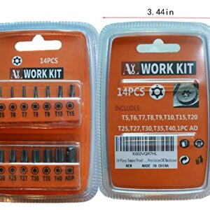 14-Piece Tamper-proof Torx Bit Set, S2 Alloy Steel T5-T40 Security Tamper Resistant Star Bits. ALWORKKIT Gifts for men