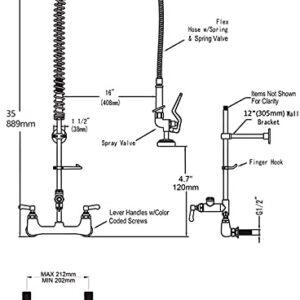 TCEUMIK Commercial Kitchen Sink Faucet with Pre-Rinse Sprayer 8'' Center 36'' Height with 12'' Swivel Spout Adjustable Wall-Mount Faucet for 2 or 3 Industrial Restaurant Compartment Utility Sinks