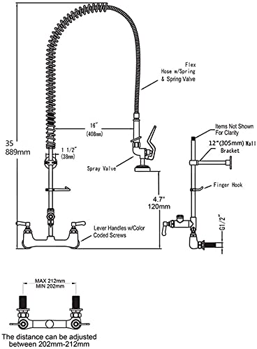 TCEUMIK Commercial Kitchen Sink Faucet with Pre-Rinse Sprayer 8'' Center 36'' Height with 12'' Swivel Spout Adjustable Wall-Mount Faucet for 2 or 3 Industrial Restaurant Compartment Utility Sinks