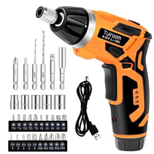 tulroom power screwdriver electric screwdriver 3.6v 2000mah electric screwdriver rechargeable, adjustable position handle, 31pcs screwdriver bits 6+1 torque setting front&rear light