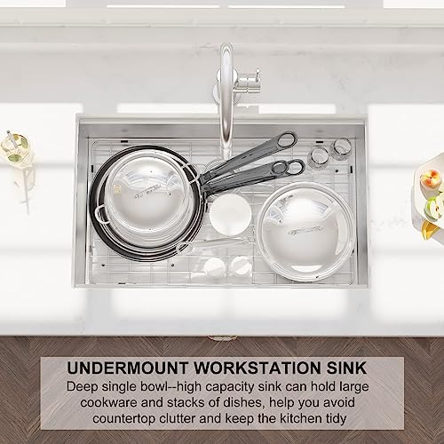 Hausinluck 32 inch Workstation Undermount Kitchen Sink, Stainless Steel Undermount Kitchen Sink 18 Gauge, Handmade Modern Single Bowl Deep Kitchen Sink with Ledge and Accessories (Pack of 5)