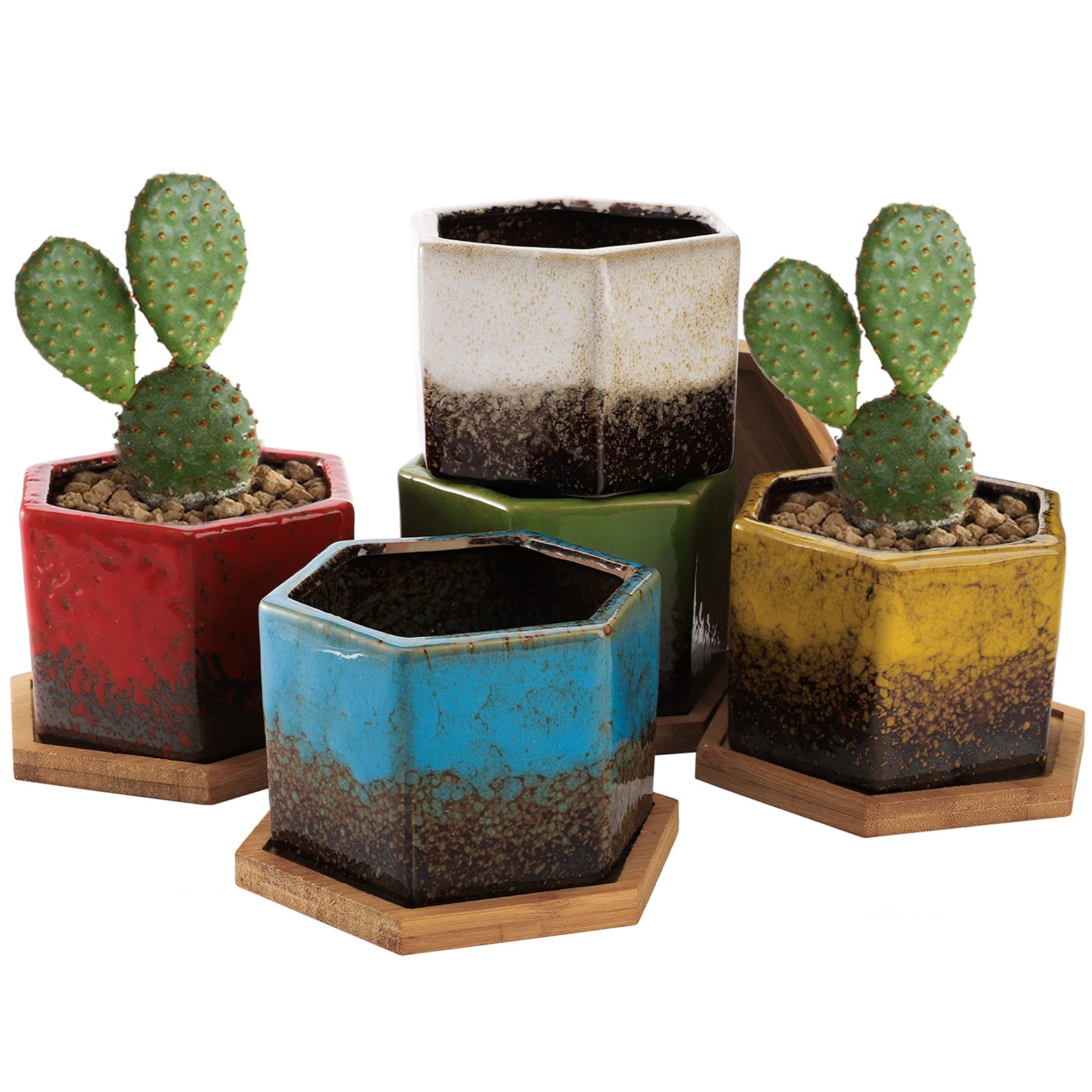 TOPZEA Set of 5 Ceramic Succulent Planter Pots, 4.2 Inch Hexagon Ceramic Glazed Cactus Pots, Geometric Mini Flower Plant Container with Drainage Hole & Bamboo Tray for Decorating Home Office