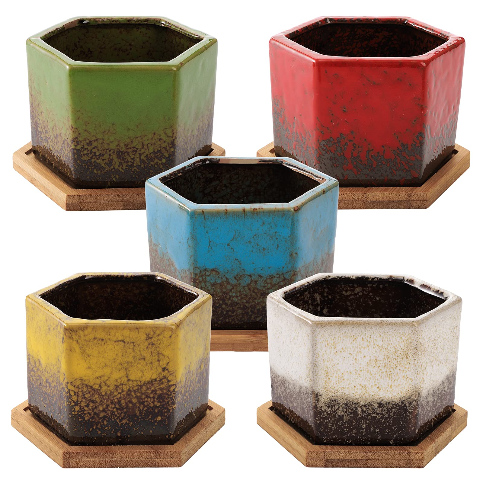 TOPZEA Set of 5 Ceramic Succulent Planter Pots, 4.2 Inch Hexagon Ceramic Glazed Cactus Pots, Geometric Mini Flower Plant Container with Drainage Hole & Bamboo Tray for Decorating Home Office