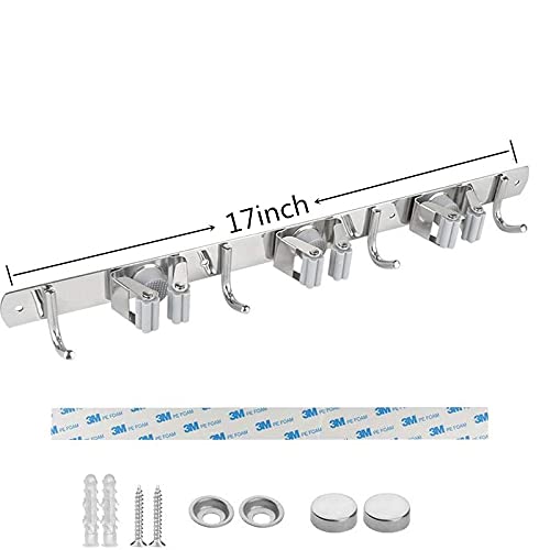 1 Pack Broom Mop Holder Wall Mount Garage Organization Wall Organizer Storage Broom Closet Kitchen Organization Heavy Duty Garage Tools Hanger with 3 Racks 4 Hooks for Home Kitchen Laundry Room (Grey)