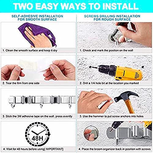 1 Pack Broom Mop Holder Wall Mount Garage Organization Wall Organizer Storage Broom Closet Kitchen Organization Heavy Duty Garage Tools Hanger with 3 Racks 4 Hooks for Home Kitchen Laundry Room (Grey)