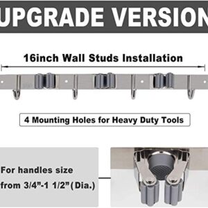 1 Pack Broom Mop Holder Wall Mount Garage Organization Wall Organizer Storage Broom Closet Kitchen Organization Heavy Duty Garage Tools Hanger with 3 Racks 4 Hooks for Home Kitchen Laundry Room (Grey)