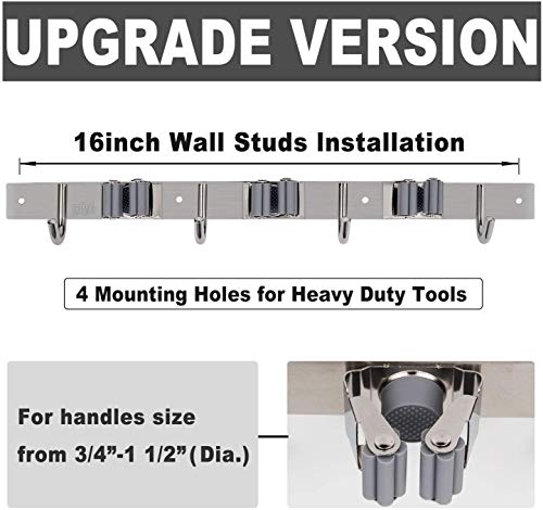 1 Pack Broom Mop Holder Wall Mount Garage Organization Wall Organizer Storage Broom Closet Kitchen Organization Heavy Duty Garage Tools Hanger with 3 Racks 4 Hooks for Home Kitchen Laundry Room (Grey)