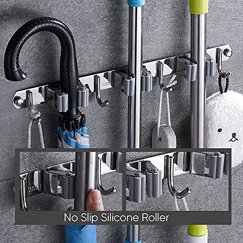 1 Pack Broom Mop Holder Wall Mount Garage Organization Wall Organizer Storage Broom Closet Kitchen Organization Heavy Duty Garage Tools Hanger with 3 Racks 4 Hooks for Home Kitchen Laundry Room (Grey)