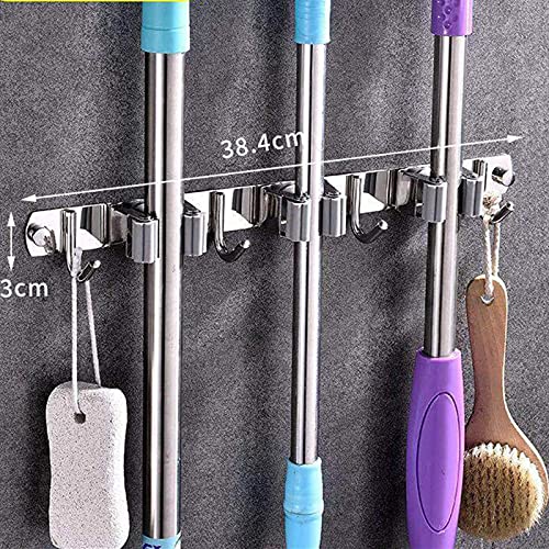 1 Pack Broom Mop Holder Wall Mount Garage Organization Wall Organizer Storage Broom Closet Kitchen Organization Heavy Duty Garage Tools Hanger with 3 Racks 4 Hooks for Home Kitchen Laundry Room (Grey)