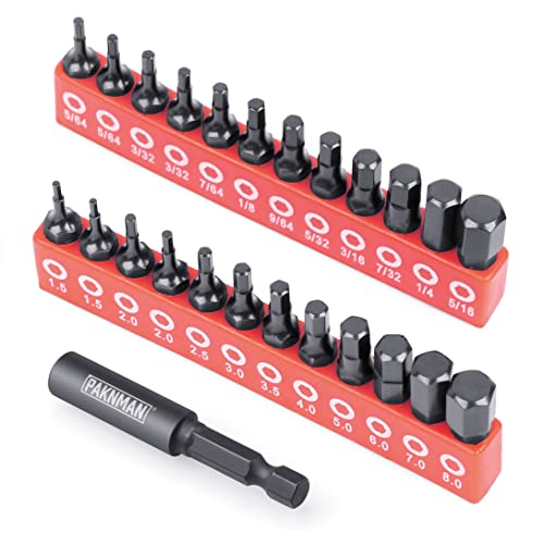 PAKNMAN 25-Piece Hex Head Allen Wrench Drill Bit Set, 1/4”Magnetic Extension, Metric and SAE S2 Steel Hex Bits Set, 1" Long