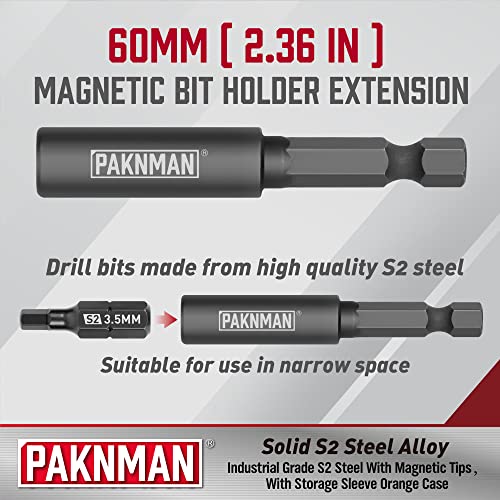 PAKNMAN 25-Piece Hex Head Allen Wrench Drill Bit Set, 1/4”Magnetic Extension, Metric and SAE S2 Steel Hex Bits Set, 1" Long