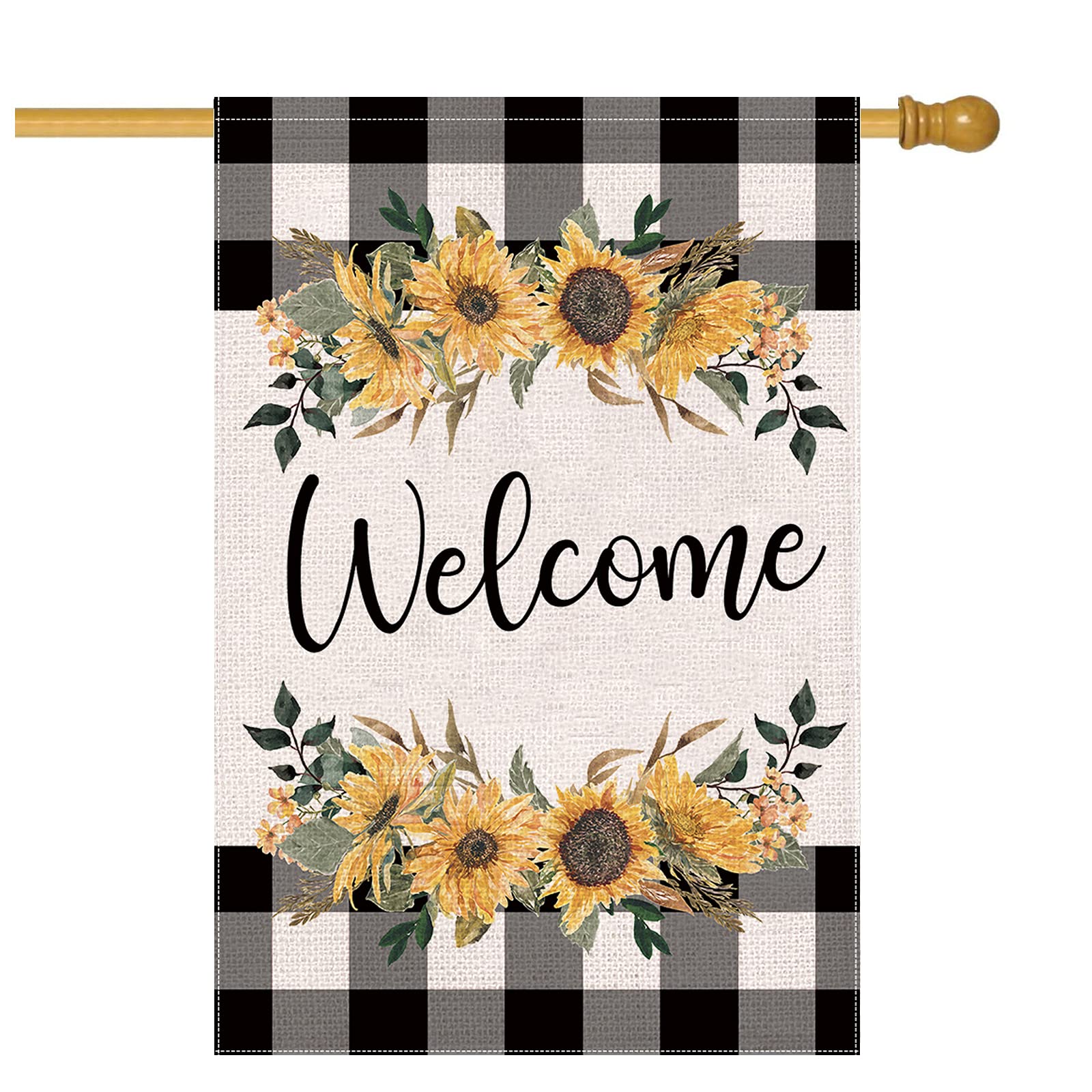 LARMOY Welcome Spring House Flag for Outdoor,28×40 Double Sided Black and White Buffalo Plaid with Sunflowers,Large Decorative Yard Flags for Summer All Seasons, Seasonal Farmhouse Outside Decor