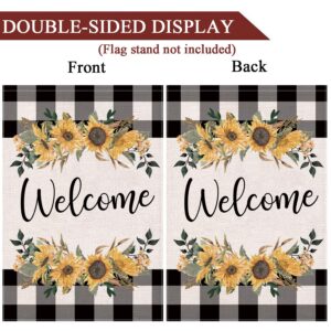 LARMOY Welcome Spring House Flag for Outdoor,28×40 Double Sided Black and White Buffalo Plaid with Sunflowers,Large Decorative Yard Flags for Summer All Seasons, Seasonal Farmhouse Outside Decor