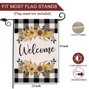 LARMOY Welcome Spring House Flag for Outdoor,28×40 Double Sided Black and White Buffalo Plaid with Sunflowers,Large Decorative Yard Flags for Summer All Seasons, Seasonal Farmhouse Outside Decor