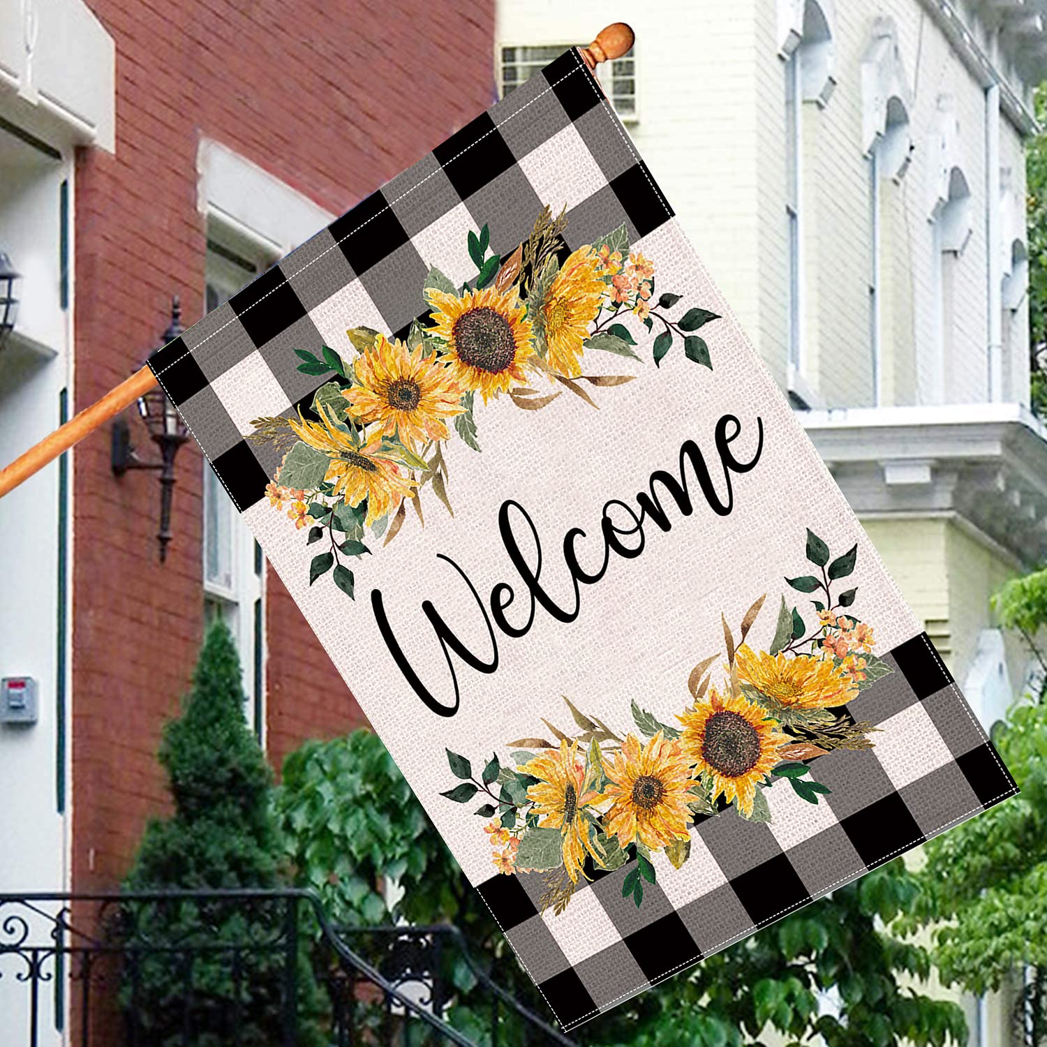 LARMOY Welcome Spring House Flag for Outdoor,28×40 Double Sided Black and White Buffalo Plaid with Sunflowers,Large Decorative Yard Flags for Summer All Seasons, Seasonal Farmhouse Outside Decor