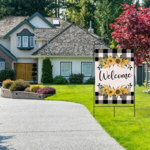 LARMOY Welcome Spring House Flag for Outdoor,28×40 Double Sided Black and White Buffalo Plaid with Sunflowers,Large Decorative Yard Flags for Summer All Seasons, Seasonal Farmhouse Outside Decor