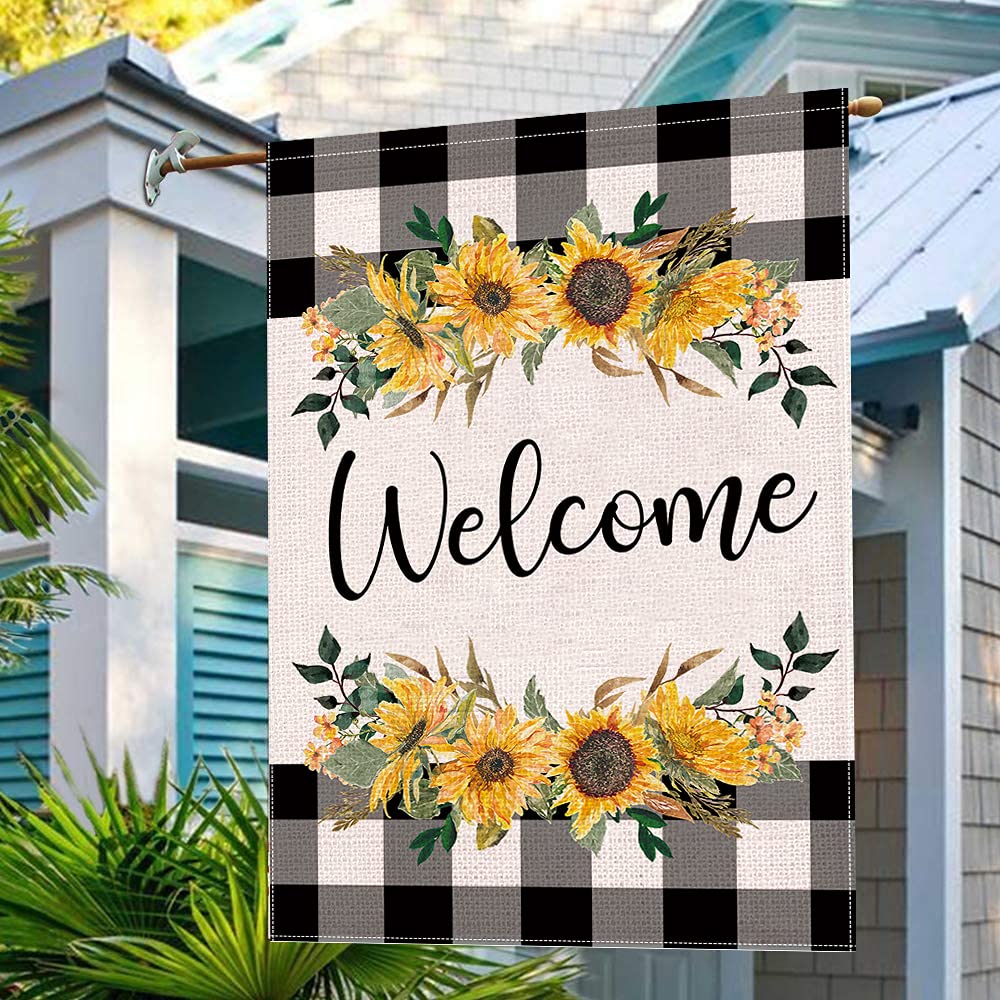 LARMOY Welcome Spring House Flag for Outdoor,28×40 Double Sided Black and White Buffalo Plaid with Sunflowers,Large Decorative Yard Flags for Summer All Seasons, Seasonal Farmhouse Outside Decor