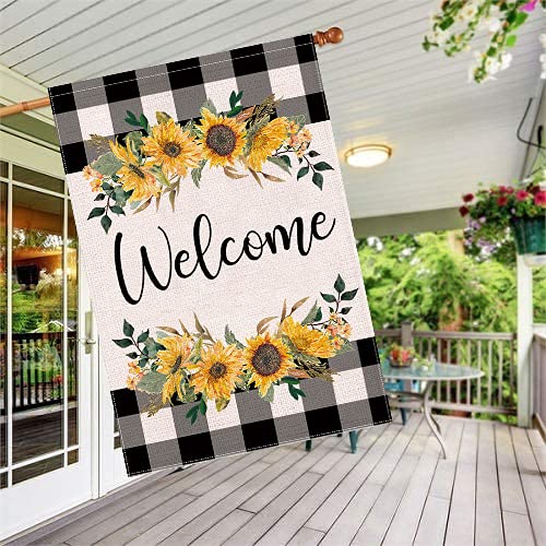 LARMOY Welcome Spring House Flag for Outdoor,28×40 Double Sided Black and White Buffalo Plaid with Sunflowers,Large Decorative Yard Flags for Summer All Seasons, Seasonal Farmhouse Outside Decor