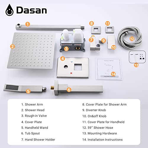 DASAN Tub Shower Faucets Sets Complete Brushed Nickel Bathtub Shower System with Tub Spout, Bathtub Faucet Set Tub and Shower Faucet Combo Trim Kit with Rough-in Valve, DA-SS03BN-S10W