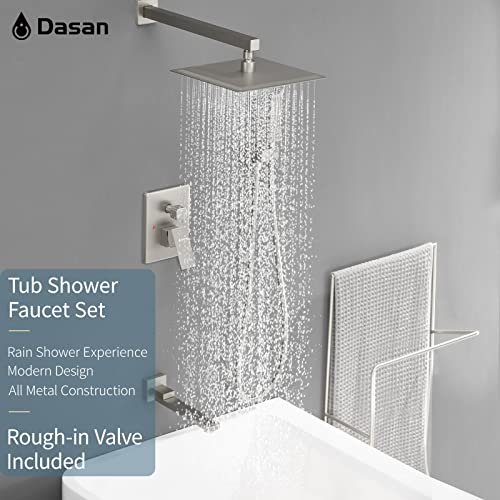 DASAN Tub Shower Faucets Sets Complete Brushed Nickel Bathtub Shower System with Tub Spout, Bathtub Faucet Set Tub and Shower Faucet Combo Trim Kit with Rough-in Valve, DA-SS03BN-S10W