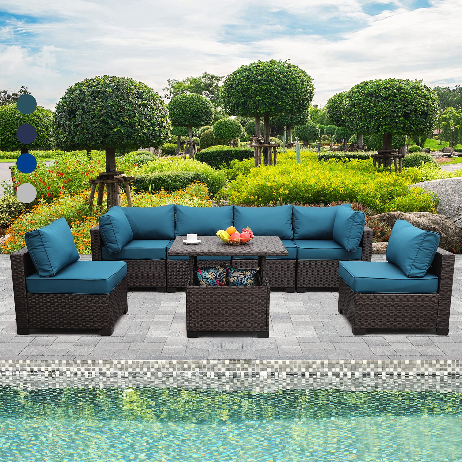 Patio Sectional Sofa Set 7 Pieces Outdoor Wicker Furniture Couch Adjustable Storage Table with Thicken(5") Peacock Blue Non-Slip Cushions Furniture Cover Brown PE Rattan