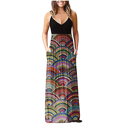 Women's Summer Casual Sexy Sleeveless Backless Printed Halter Maxi Long Dress with Pockets(Multicolor, L)